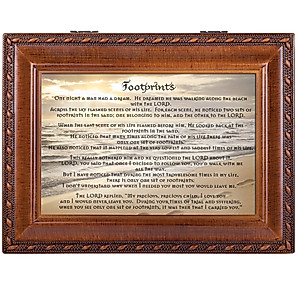 Cottage Garden Footprints in The Sand Woodgrain Rope Trim Jewelry Music Box Plays Great is Thy Faithfulness