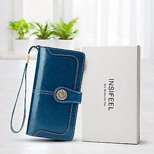 INSIFEEL Women's Wallets Large Capacity with RFID Protection Genuine Leather Wristlet Purse (Navy Blue)