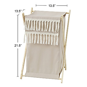 Sweet Jojo Designs Boho Fringe Baby Kid Clothes Laundry Hamper - Gender Neutral Beige Tan Taupe Linen Tassel Macrame for Bohemian Woodland Farmhouse Botanical Leaf Collection