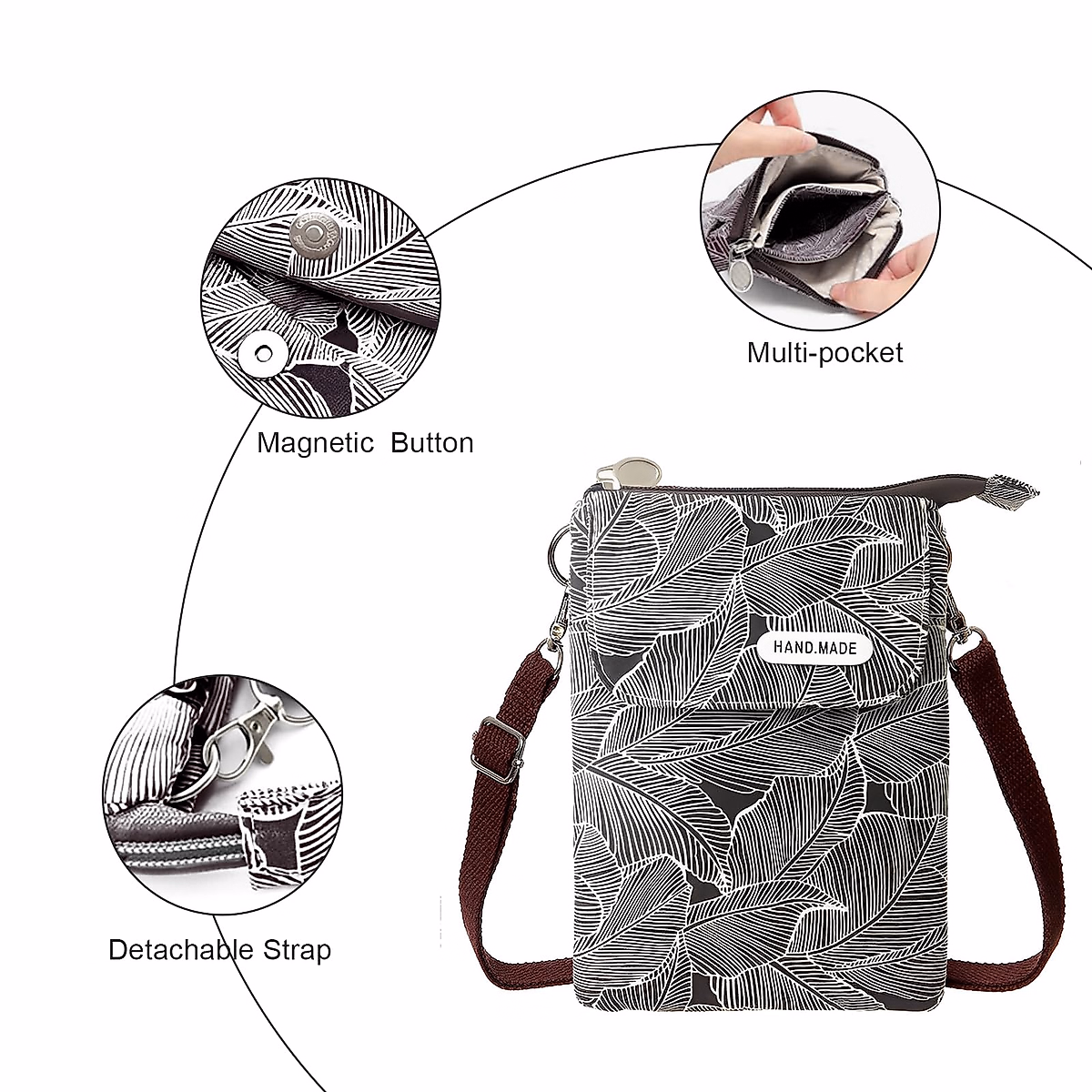 WITERY Small Canvas Cell Phone Purse Wallet- Handmade Cute Leaf Pattern Cross Body Phone Pouch with Shoulder Strap for Women Teen Girls