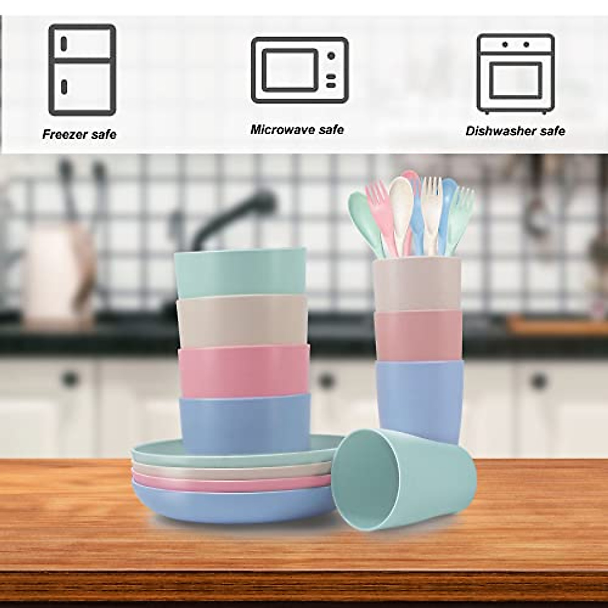 Plastic Plates and Bowls Sets, 20pcs Wheat Straw Dinnerware Sets, Kitchen Plates Cups and Bowls Set, Camping Reusable Plates and Bowls Sets, TIMDAM Lightweight Bowls, Unbreakable Dinner Plates