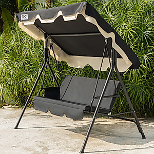 Fundouns 2-Person Patio Porch Swing Chair, Outdoor Canopy Hanging Swing Lounge Chair Adjustable Shade, Removable Cushions- Black and Beige