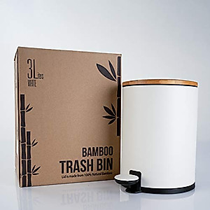 Kazai.®️ Bamboo Bathroom Trash Can | Soft Close and Slip-Resistant | 3L / 0.8 Gall. | Stainless Steel | White