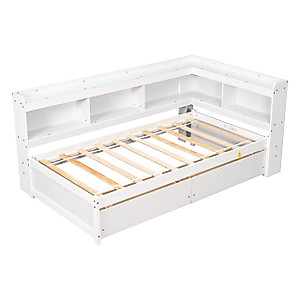 DEINPPA Twin Size Bookcase Bed, L Shape Captain Bed Frame with Storage Drawers, Wooden Platform Bed with Bookcase Headboard, Hug Bed Frame for Kids Teens Boys Girls-White