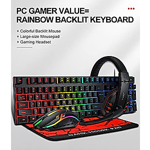 T-Wolf Gaming Combo TF800 Keyboard/Mouse/Headphone/Mouse Pad Wired LED RGB Backlight Bundle for PC Gamers Users - 4 in 1, Black
