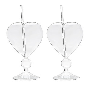8 Oz Unique Cocktail Glasses Set of 2 Creative Heart Shaped Wine Glasses with Straw Romantic Drinking Glasses Juice Glasses for Wedding Home Bar Party(Glossy)