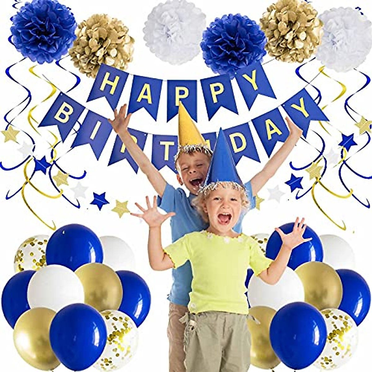 ANSOMO Royal Blue and Gold Happy Birthday Party Decorations Banner Balloons Boys Men Him Women 1st 10th 13th 15th 16th 18th 20th 21st 25th 30th