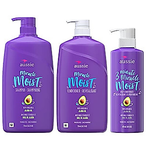 Aussie Miracle Moist Shampoo, and 3 Minute Miracle Deep Conditioner Hair Treatment Bundle, Infused with Avocado & Australian Jojoba Oil, Paraben Free, White, Citrus, 3 Piece Set