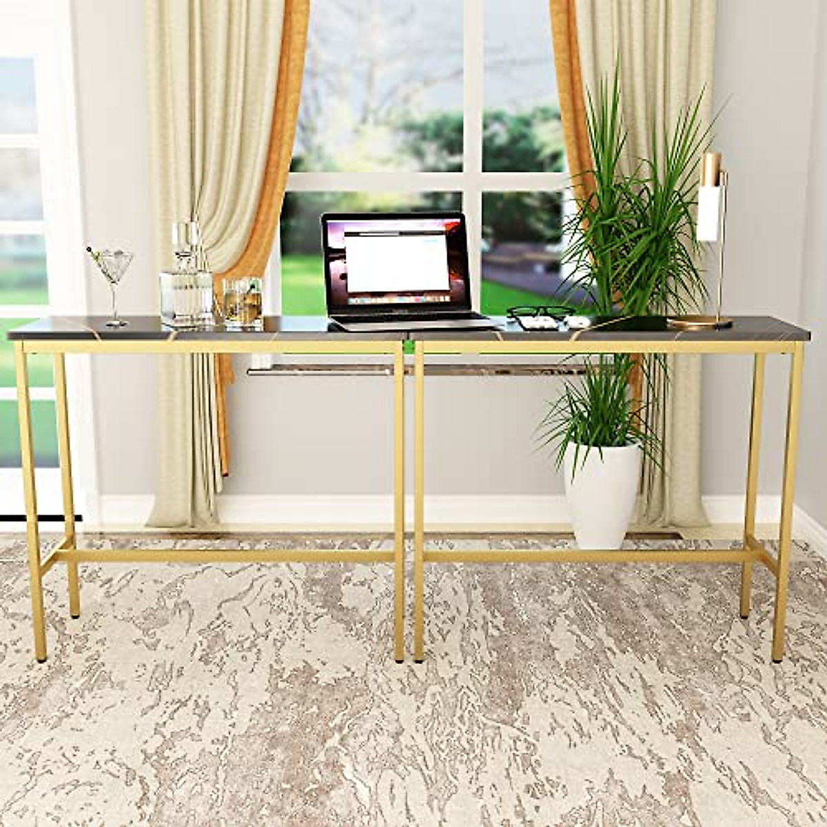 Aklaus 40" Bar Table,Rectangular Industrial Bar Height Table with Sturdy Gold Metal Frame Black Faux Marble Top,Pub Table High Top Dining Table Console Table for Dining Room Living Room Entryway