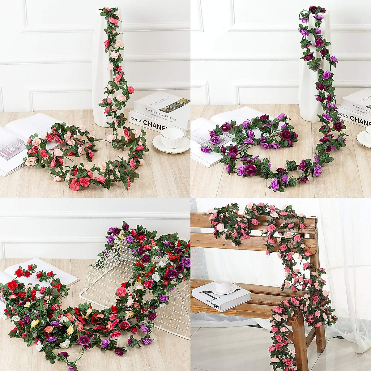 Artificial Flowers, 4 Pcs 32.8 FT Fake Rose Vine, Flower Garland, Hanging Artificial Flowers Greenery Plants for Wedding Birthday Party Decoration Outdoor Hotel Wall Table Bedroom Garden Home Decor