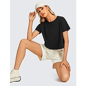 CRZ YOGA Women's Pima Cotton Workout Short Sleeve Shirts Loose Crop Tops Athletic Gym Shirt Casual Cropped T-Shirt Black Small
