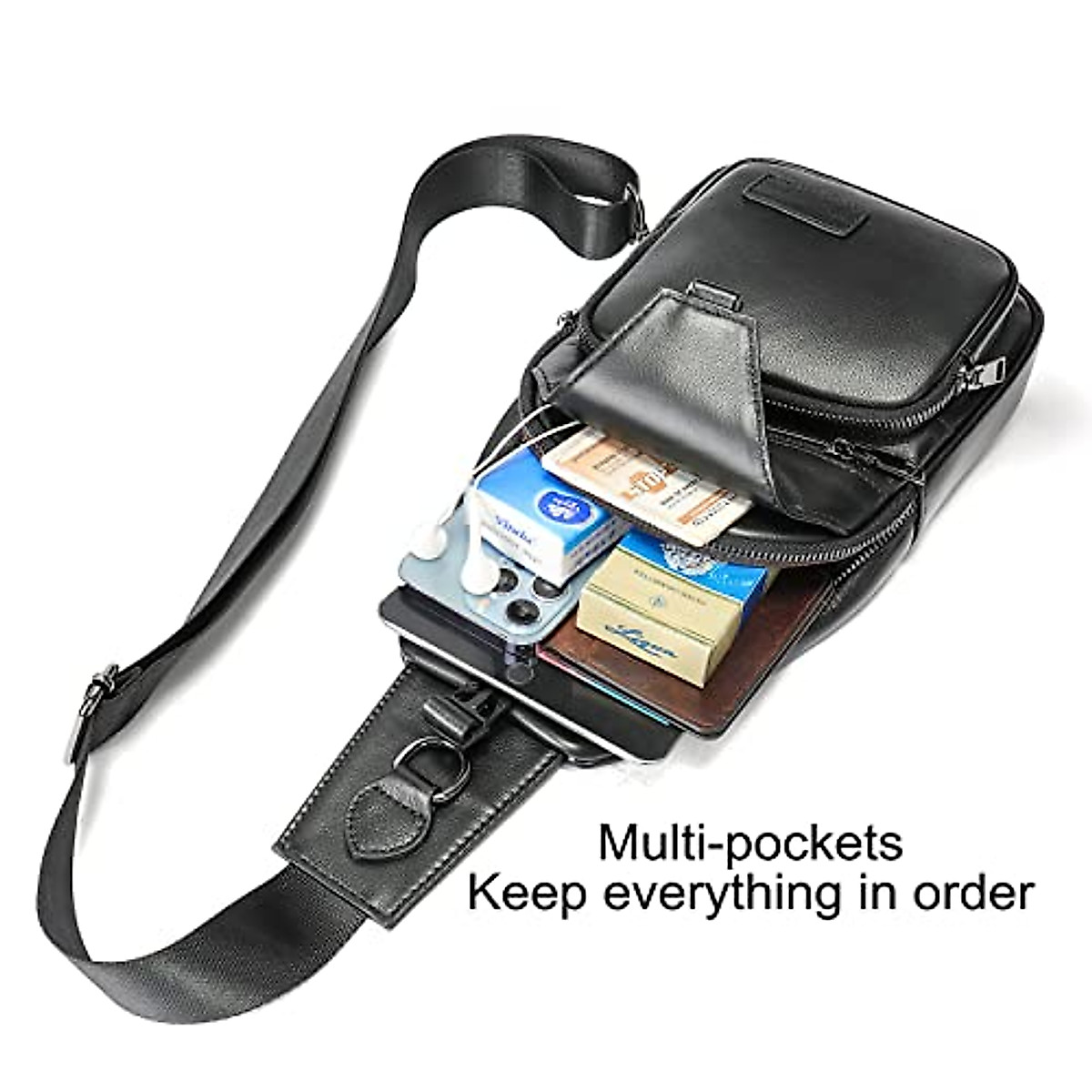 Genuine Leather Sling Bag, Metal Buckle Crossbody Bags Shoulder Cross Chest Pack Small Travel Backpack for Men and Women Black