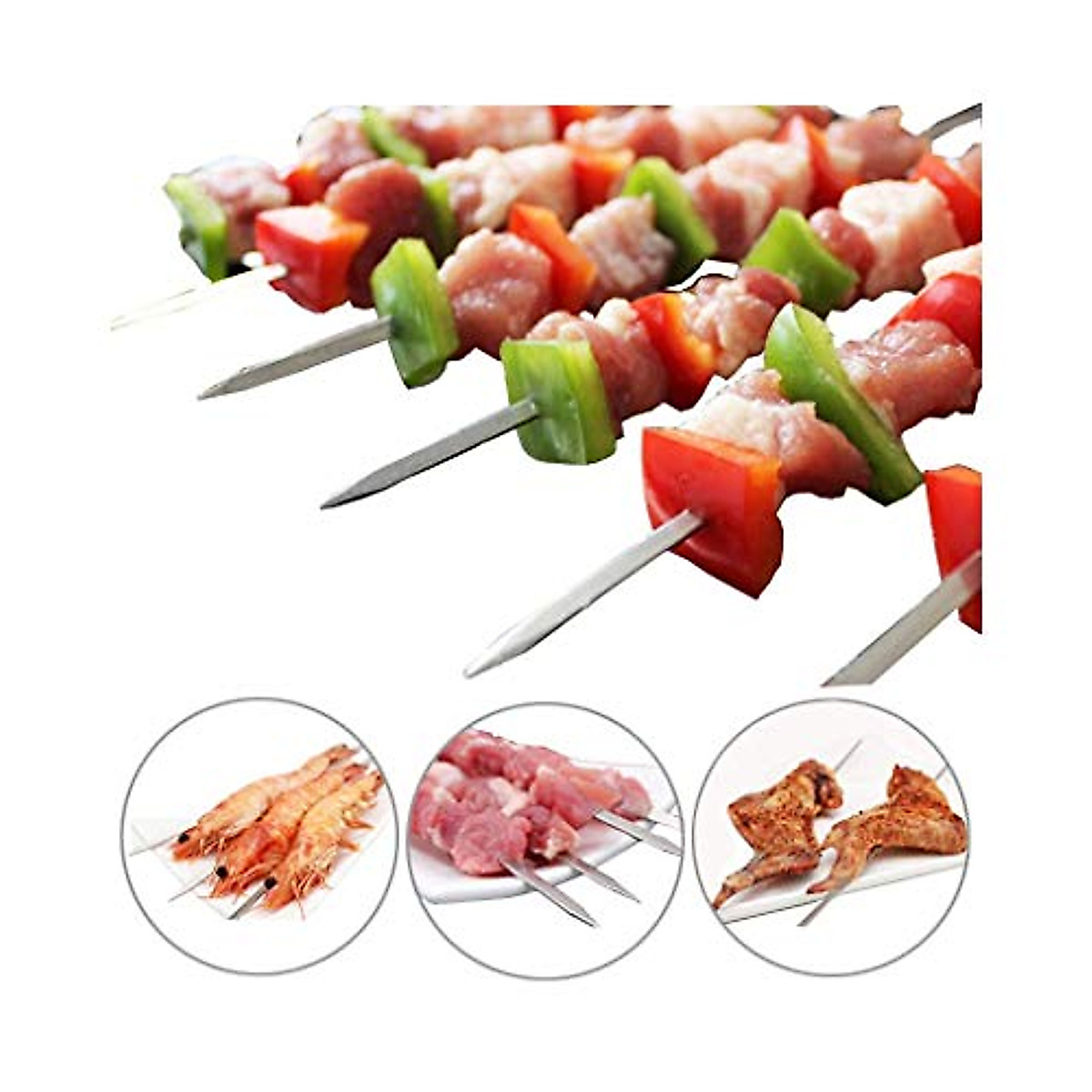 Antallcky 12 Pack Kabob Skewers BBQ Barbecue Skewers Stainless Steel Sticks Heavy Duty Large Wide Reusable with Nonslip Ring Handle Ideal for Shish Kebab Chicken Shrimp and Vegetables (22 inch)