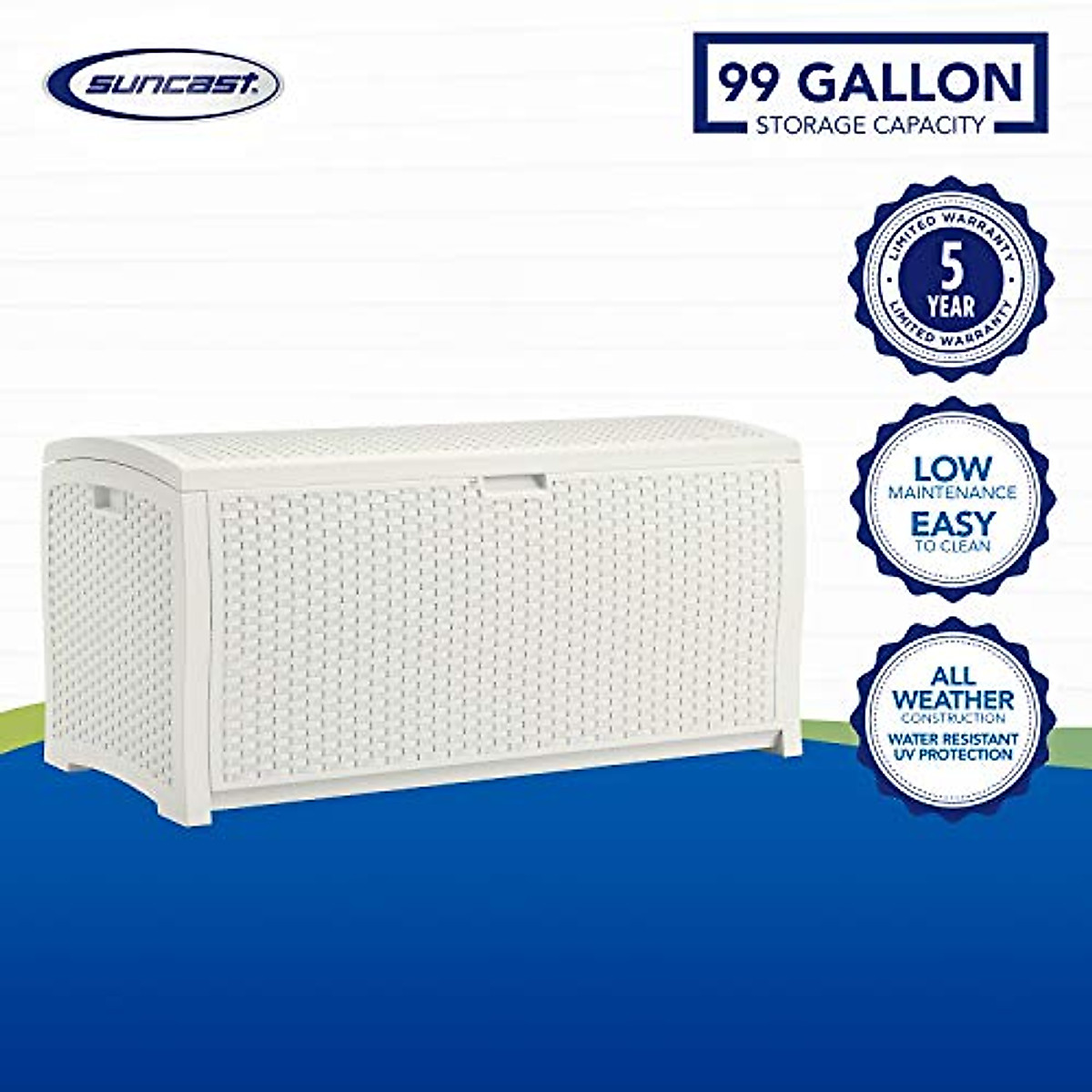 Suncast 99 Gallon Resin Wicker Patio Storage Box - Water Resistant Outdoor Storage Container for Toys, Furniture, Yard Tools - Store Items on Deck, Porch, Backyard - White