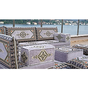 Gray L Shaped Arabic Sofa Set, Floor Couch, Sectional Sofas, Arabic Majlis, Turkish Rug, Couch Covers for 3, Sofa Bed, Poufs (L Sofa Full Set)
