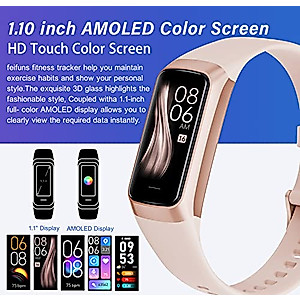 Slim Fitness Tracker for Women Men, 1.1" AMOLED Screen Fitness Watch, 24/7 Heart Rate /Blood Pressure /SpO2 /Sleep Monitor, 5 ATM Waterproof Step Calorie Counter Sports Band for iOS Android