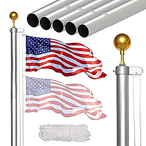 NELXINJO 20FT Sectional Flag Pole Kit, Heavy Duty Aluminum Outdoor In-Ground Flagpole, Gold Ball Top, 3x5 USA Flag for Residential commercial Outdoor Garden(20FT, Silver)
