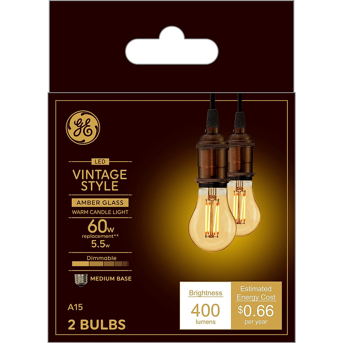 GE Lighting VintaStyle LED Light Bulbs, 5.5 Watts (60 Watt Equivalent) Warm Candle Light, Amber Glass, Medium Base, Dimmable (2 Pack)
