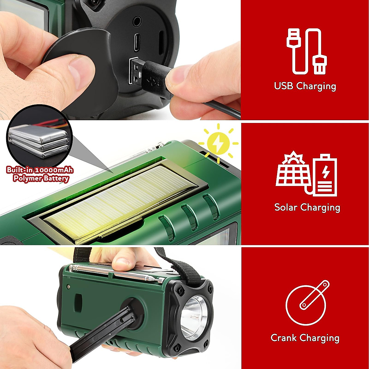10000mAh Emergency Radio, Solar Charging, Hand Crank, NOAA Weather Alert Radio & Power Bank, SOS, AM/FM/WB & LED Flashlight for Emergency Kit, Type-C Charge, Reading Lamp,Headphone Jack