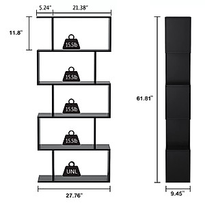 Yusong Bookshelf 5-Tier, Geometric Bookcase S Shaped Book Shelves and 3 Tier End Table, Tall Side Table with Storage Cabinets,Black