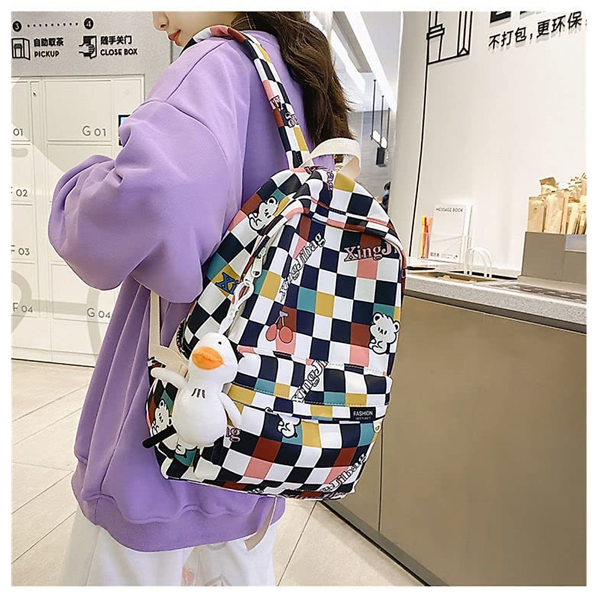 KOWVOWZ Kawaii Checkerboard Bear Backpack Girl Women Teen with Duck Pendant Cute College High School Backpack Laptop Bookbag (Black)