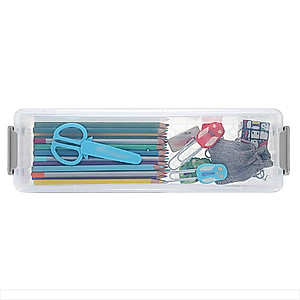 BTSKY Long Plastic Stackable Box Home, Office Supplies Storage Organizer Box Pencil Box Plastic Organizer Holder for Gel Pens Erasers Tape Pens Pencils Markers etc- 3 Pack - Clear with Grey Clip