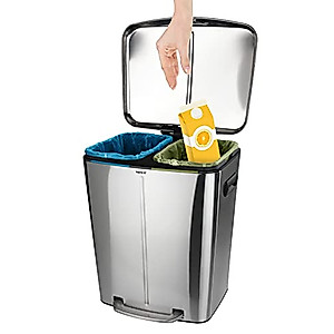 WENKO Primo 10 Gallon Dual, odorless, Waste, (WxHxD): 8.9x9.1x12.6 in, Stainless Steel Lid and Foot Pedal, Garbage Bin, Handsfree, Step Trash Can, Chrome