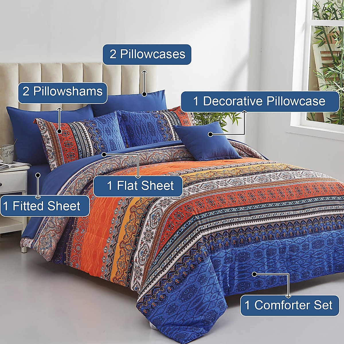 Boho Comforter Set Queen Size 8 Piece Bed in a Bag Burnt Orange Paisley Fall Comforter and Sheet Set Bohemian Striped Bedding Set,Soft Microfiber Complete Bedding Set
