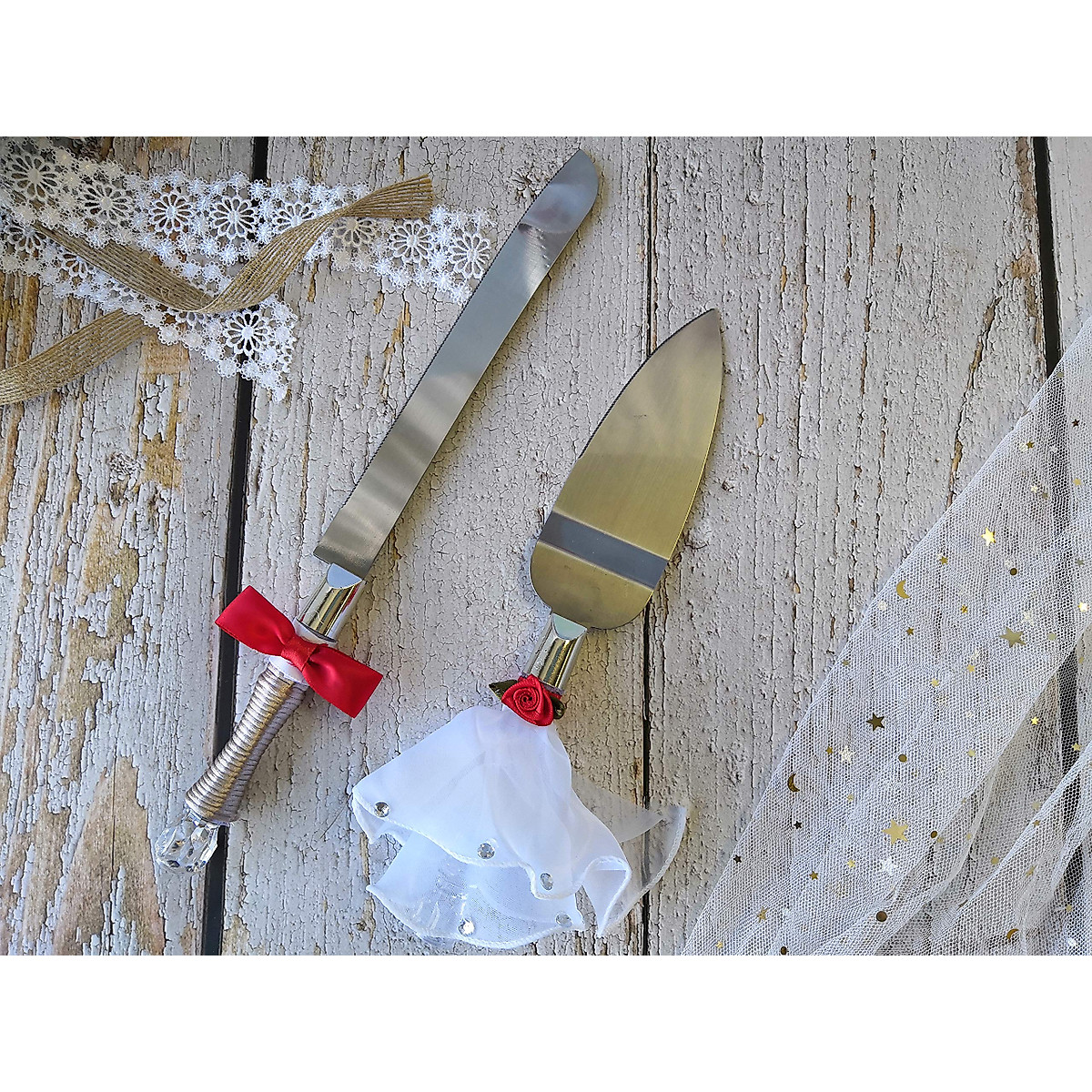 Abbie Home Wedding Anniversary Cake Knife and Server Set in Grey and White- Silk Bow Tie and Red Rose Rhinestone Lace Decoration (Cake Knife&Server Set)