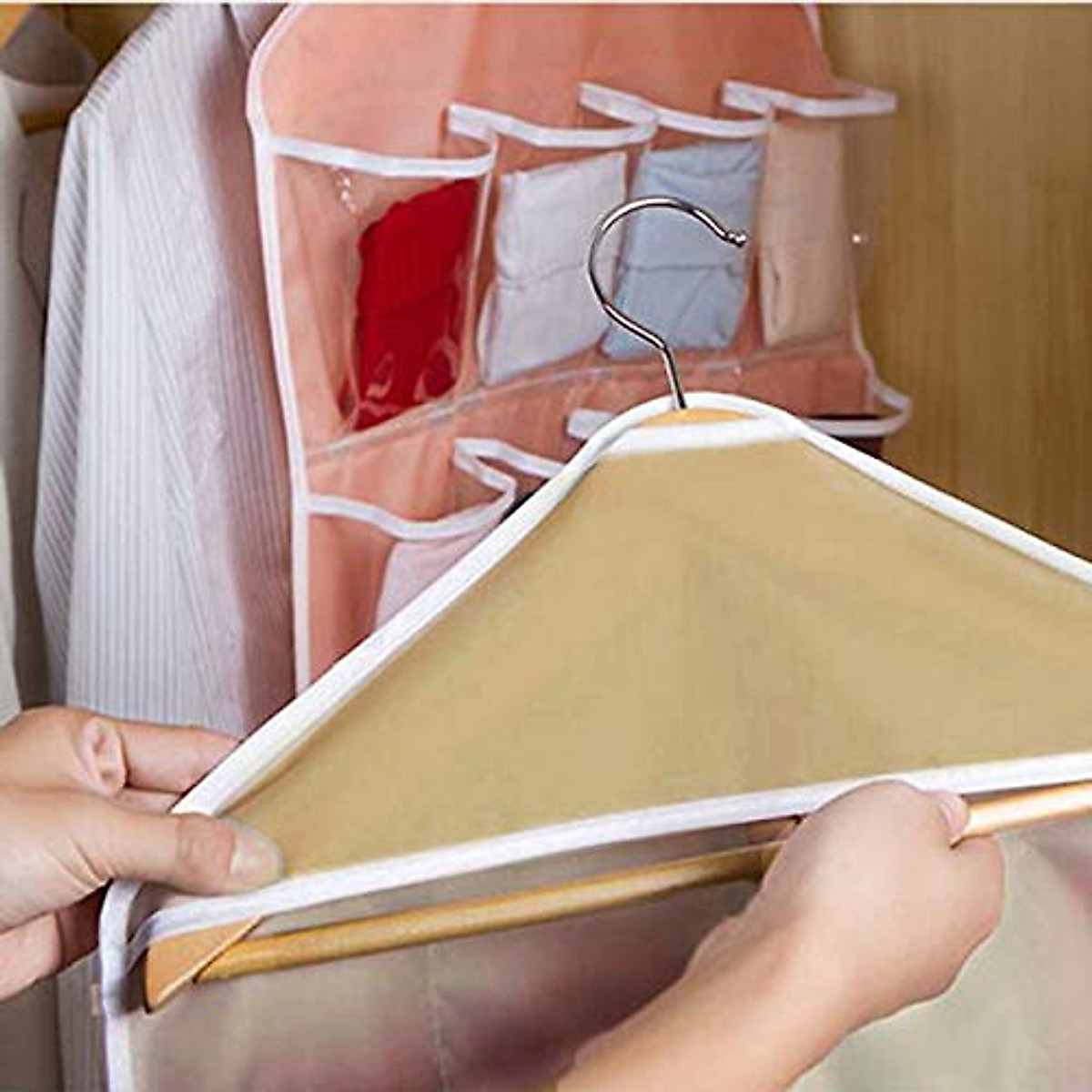 Rack Bra Hanger Clear Hanging Underwear Organizer Bag Storage Socks 16Pockets Housekeeping & Organizers Small Storage Bins with Lids for Organizing with Dividers (Beige, One Size)