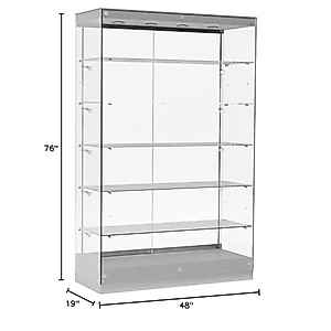 Displays2go, Illuminated Full Vision Cabinets, Tempered Glass, Painted MDF Construction – Clear, Silver Finish (GTAP48LEDS)