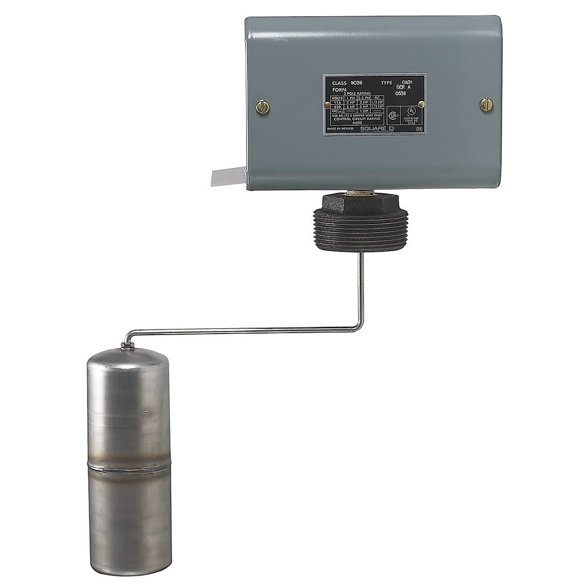 Telemecanique Sensors 9038CG32 Closed Tank Mechanical Alternator, Side Bushing Mount, Nema 1, Left Float Position, 90-Deg. Float Rod Angle With 7" Offset, Contacts Close On Rise