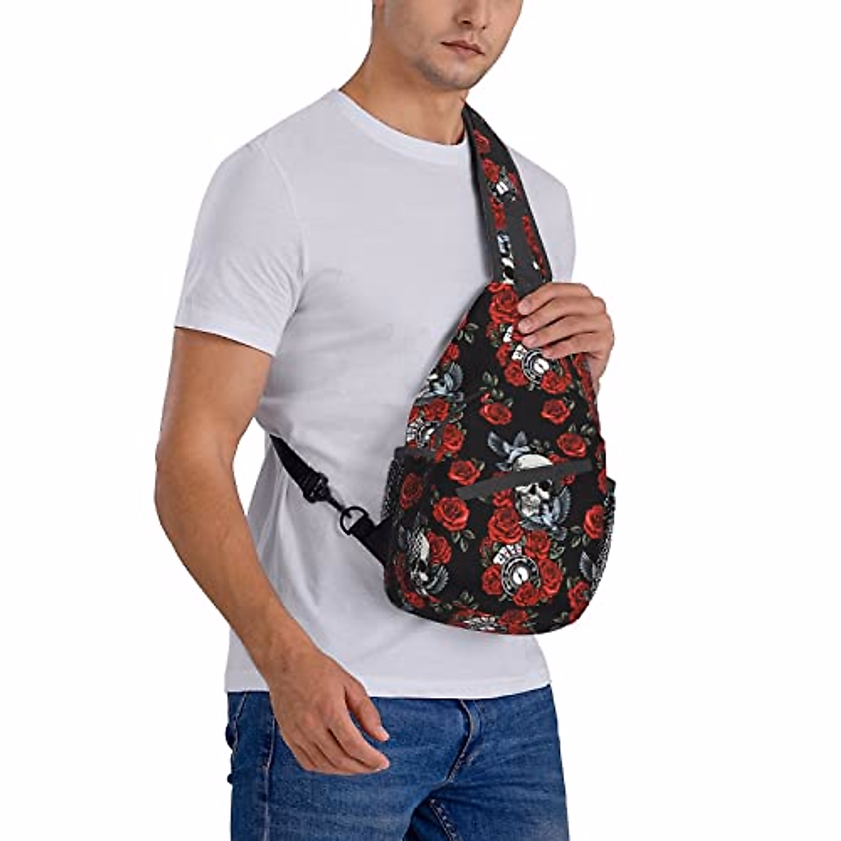 SUPLUCHOM Sling Bag Skull Bird Red Rose Gothic Hiking Daypack Crossbody Shoulder Backpack Travel Chest Pack for Men Women Over 12 Years Old