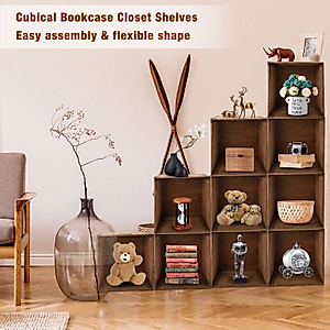 Menkxi 4 Pcs Stackable Wood Storage Cube for Shelves Closet Wooden Bins Box Wood Crates Storage Baskets Container for Toy Books Clothes Home Office, Dark Brown(14 x 14 x 10 Inch)