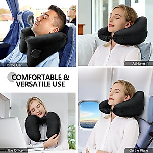 Neck Pillow for Travel Inflatable Airplane Pillow Comfortably Supports Head, Neck and Chin, Inflatable Travel Pillow with Soft Velour Cover and Portable Drawstring Bag (Black)