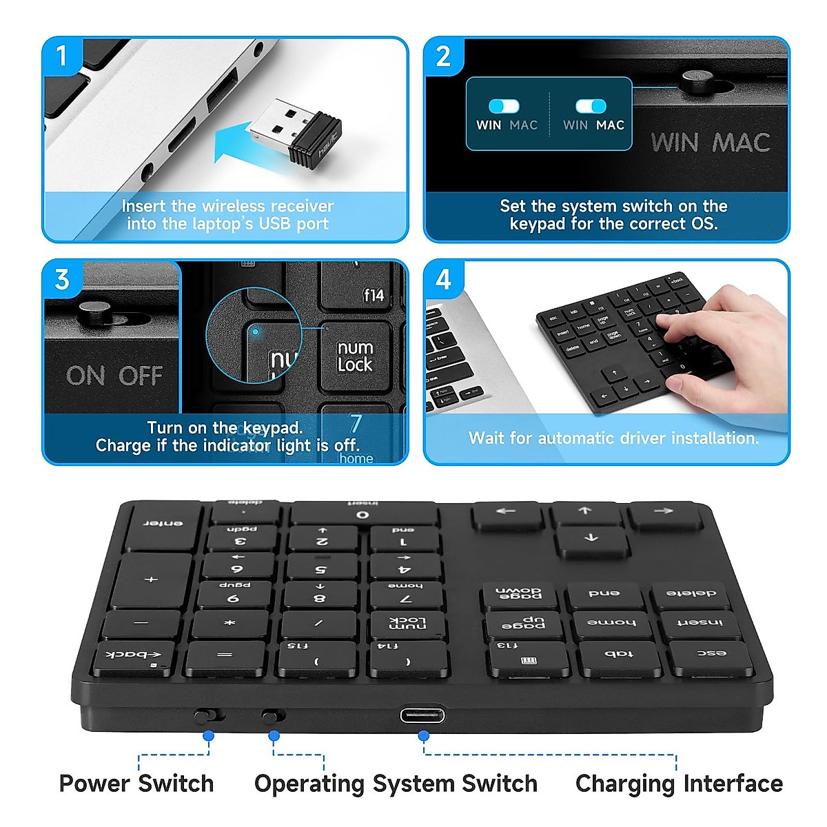 havit Wireless Number Pad for Laptop, Rechargeable 26 and 34-Key Numeric Keypad for Laptop Desktop, PC, Notebook
