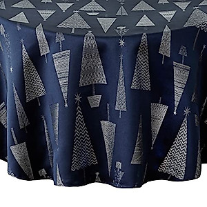 Newbridge Navy Blue and Silver Fancy Metallic Christmas Trees Fabric Holiday Tablecloth, Xmas Tree Contemporary Soil Resistant Easy Care Tablecloth, 60” x 84” Oblong/Rectangle Navy/Silver