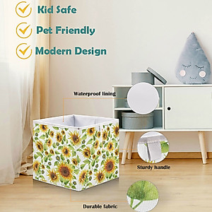 visesunny Closet Baskets Sunflower with Green Leaf Storage Bins Fabric Baskets for Organizing Shelves Foldable Storage Cube Bins for Clothes, Toys, Baby Toiletry, Office Supply