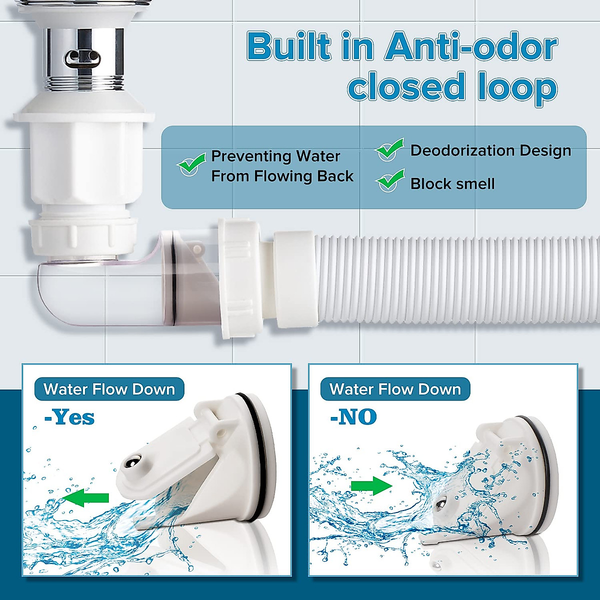 JEAPHA 2 in 1 Bathroom Sink Drain Kit with Flexible & Expandable P-trap pipe for bathroom sinks, Pop Up Drain for 1-1/2'' Drain Hole Extension Hose Tail Pipe, Fits Overflow or No Overflow Vessel Sink