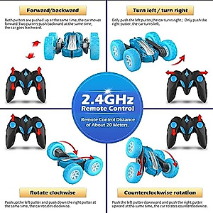 Rodzon Remote Control Car for Boys 3-12 with Wheel Light Headlights RC Car Toy Gift for 4 5 6 7 8 9 Years Old Boy Girl 4WD 2.4Ghz Double Sided Stunt Car 360° Flip Kids Birthday Christmas (Blue)