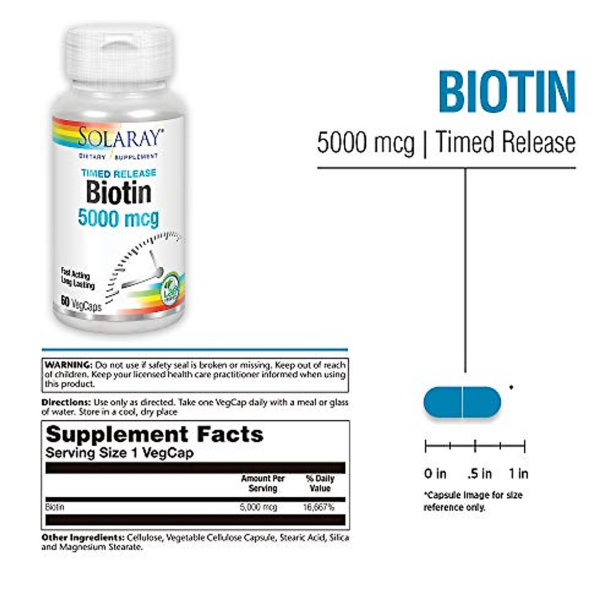 SOLARAY Biotin 5000 mcg | Timed Release | Fast-Acting, Long-Lasting Healthy Hair, Skin & Nails Support | 60 VegCaps