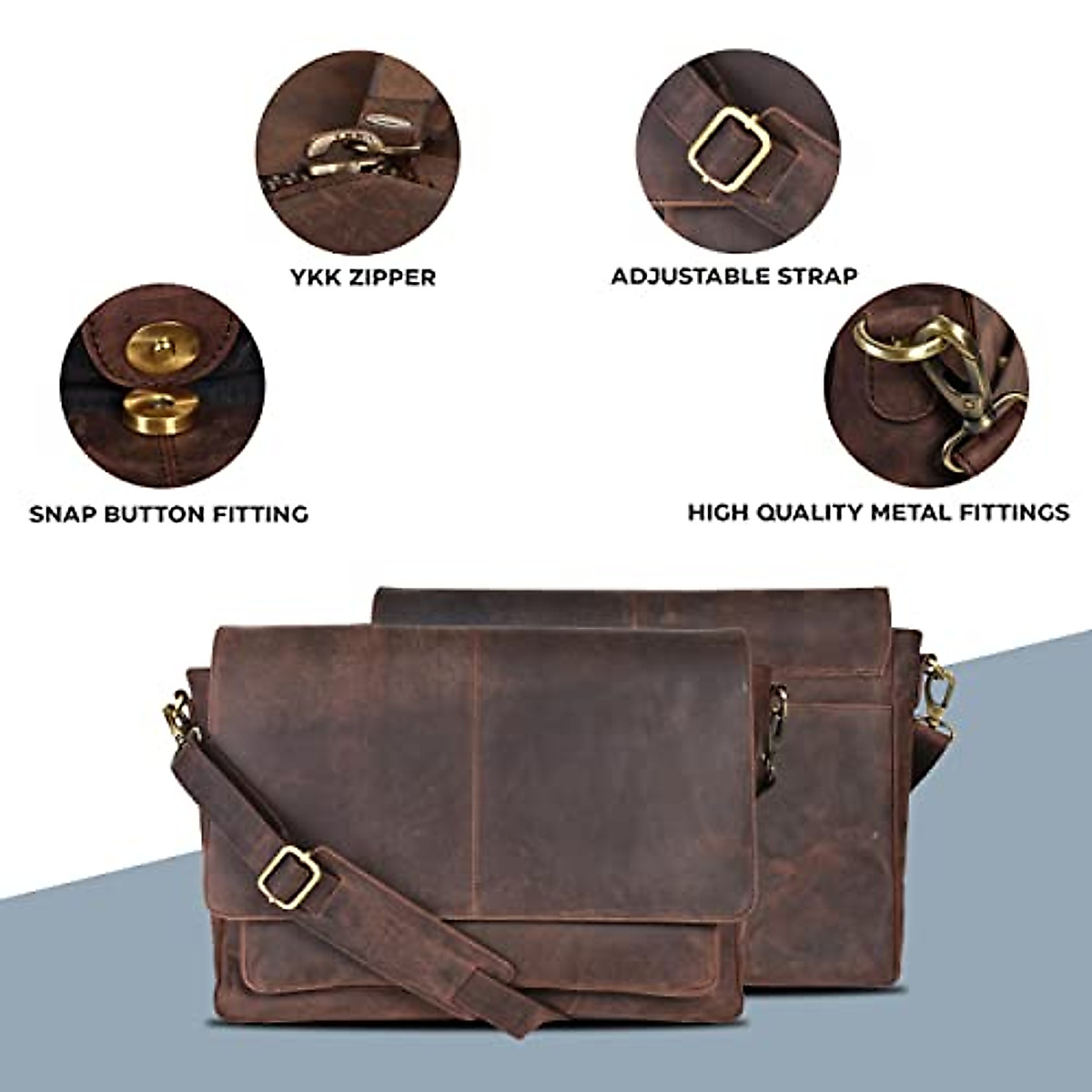 Real Leather Messenger Bag for Men and Women - Laptop Briefcase Bag For College, Office, Adjustable Shoulder Strap Satchel