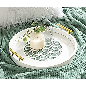 Kate and Laurel Caspen Round Cut Out Pattern Decorative Tray with Gold Metal Handles, White