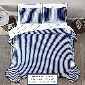 Market & Place 2 Piece Reversible Quilt Set with Sham | All-Season Soft & Lightweight Bedspread with Modern Striped Pattern | Nora Collection (Twin, White/Navy)