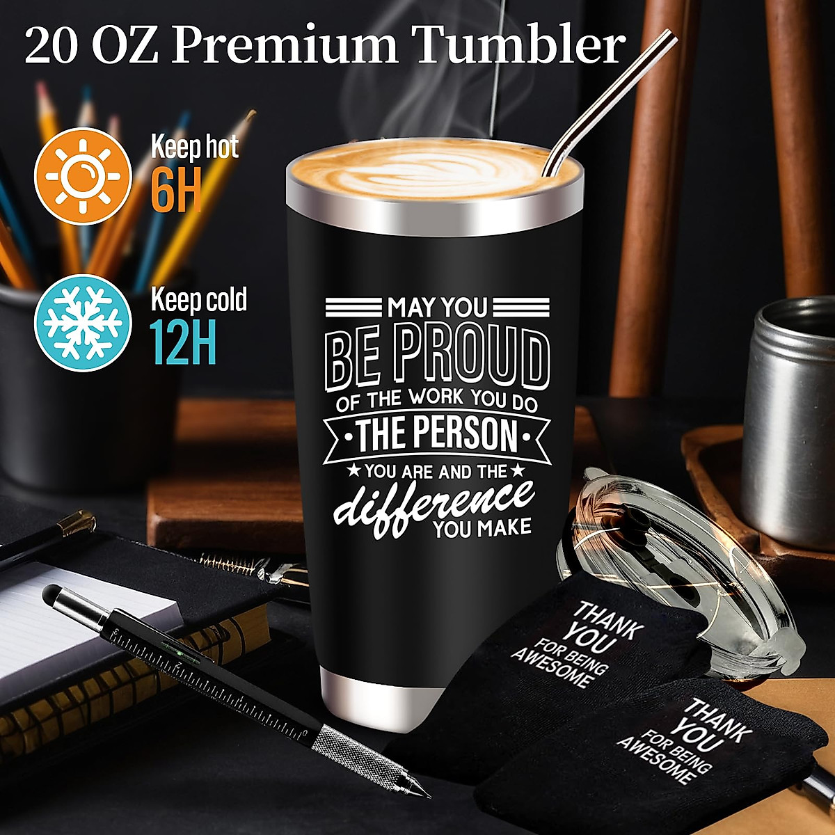 SIXVALA Employee Appreciation Gifts Set, Best Coworker Gifts for Men, 20 Oz Tumbler Thank You Gifts Basket with Scented Candle Socks Keychain Inspirational Acrylic Sign for Employee Teacher Professor