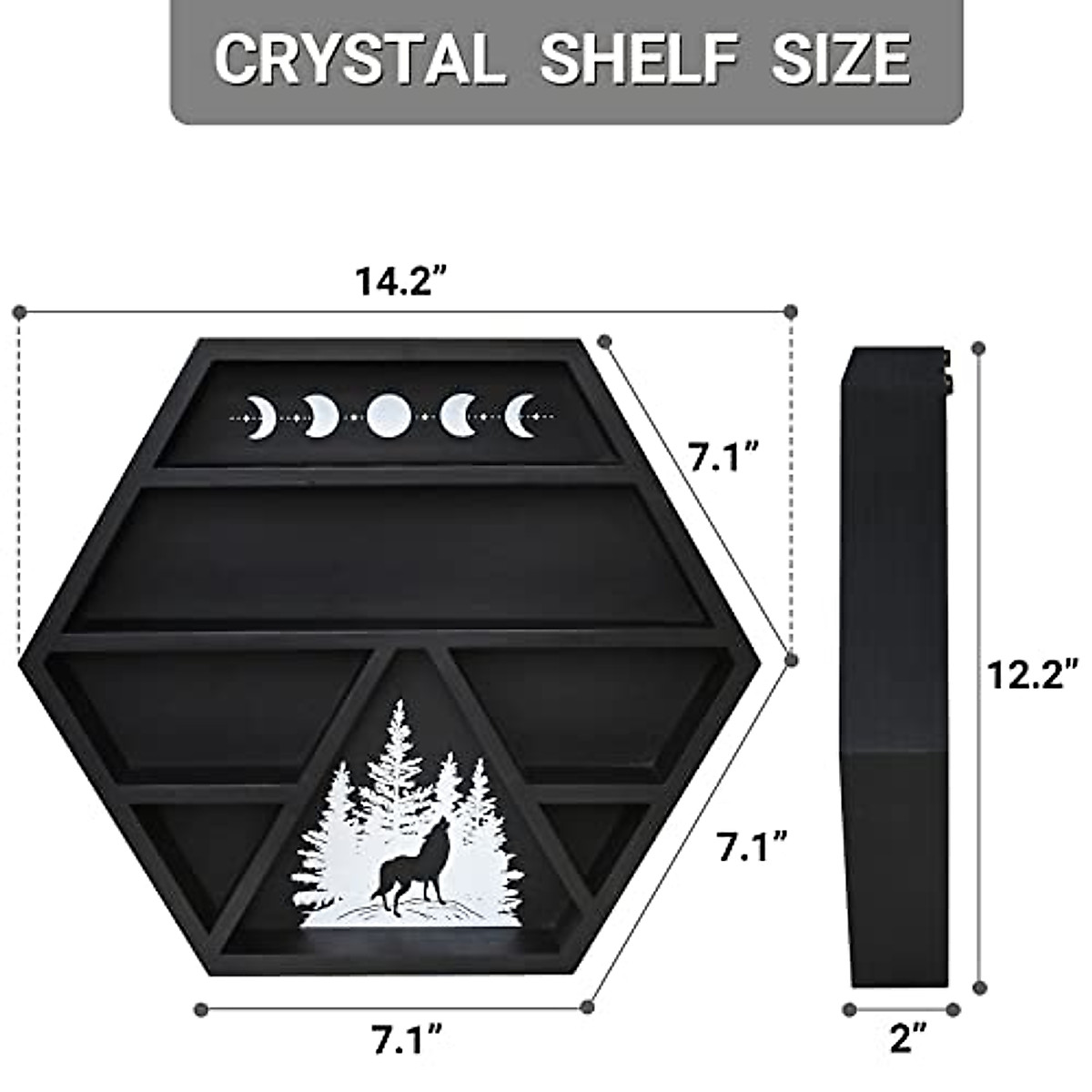 Unistyle Crystal Shelf Display Crescent Moon Shelf, Hexagon Crystal Holder for Stones, Essential Oils & Whichy Shelves Wood Crystal Wall Decor, Black Rustic Wooden Display for Boho Meditation Decor