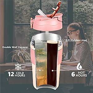 Coffee Travel Mug, Double Walled Insulated Vacuum Coffee Tumbler With Leakproof Flip Insulated Coffee Mug, For Hot And Cold Water Coffee And Tea In Travel Car Office School Camping (Pink, 17)