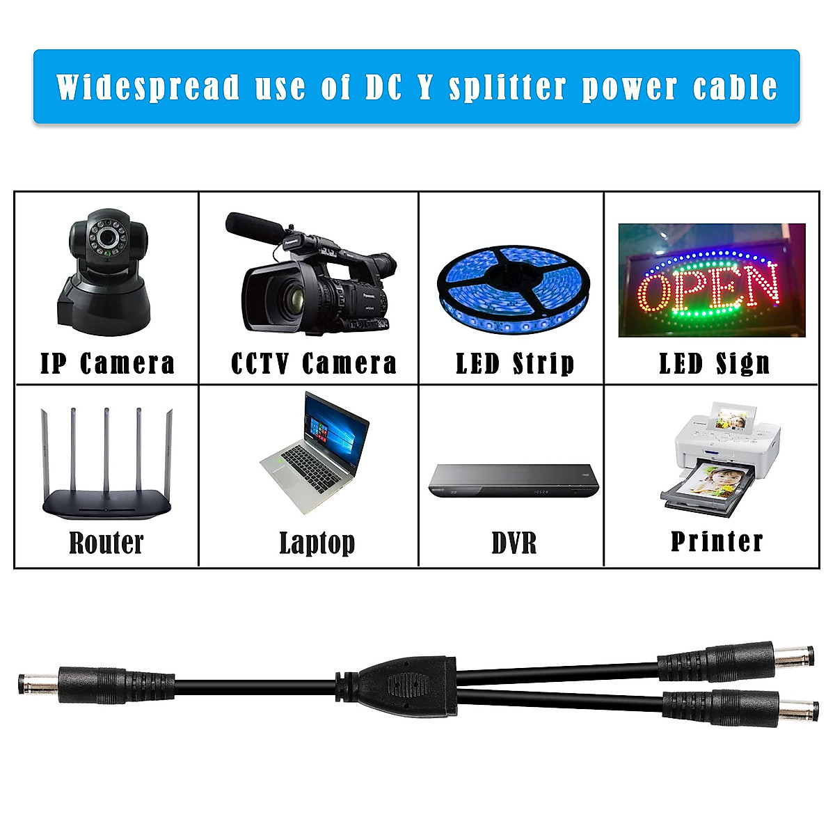 GINTOOYUN 2 PCS DC Y Splitter Power Cable 18AWG DC 5.5MM x 2.1MM Male to Dual DC 5.5MM x 2.1MM Male Supply Splitter Cable for LED Light Bar CCTV Security Cameras etc(1FT)