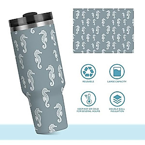 SDMKA 30oz Stainless Steel Tumbler with Straw and Handle, Vacuum Insulated Double-Walled Travel Mug, BPA-Free Leakproof Cup for Hot/Cold Beverages, Seahorses