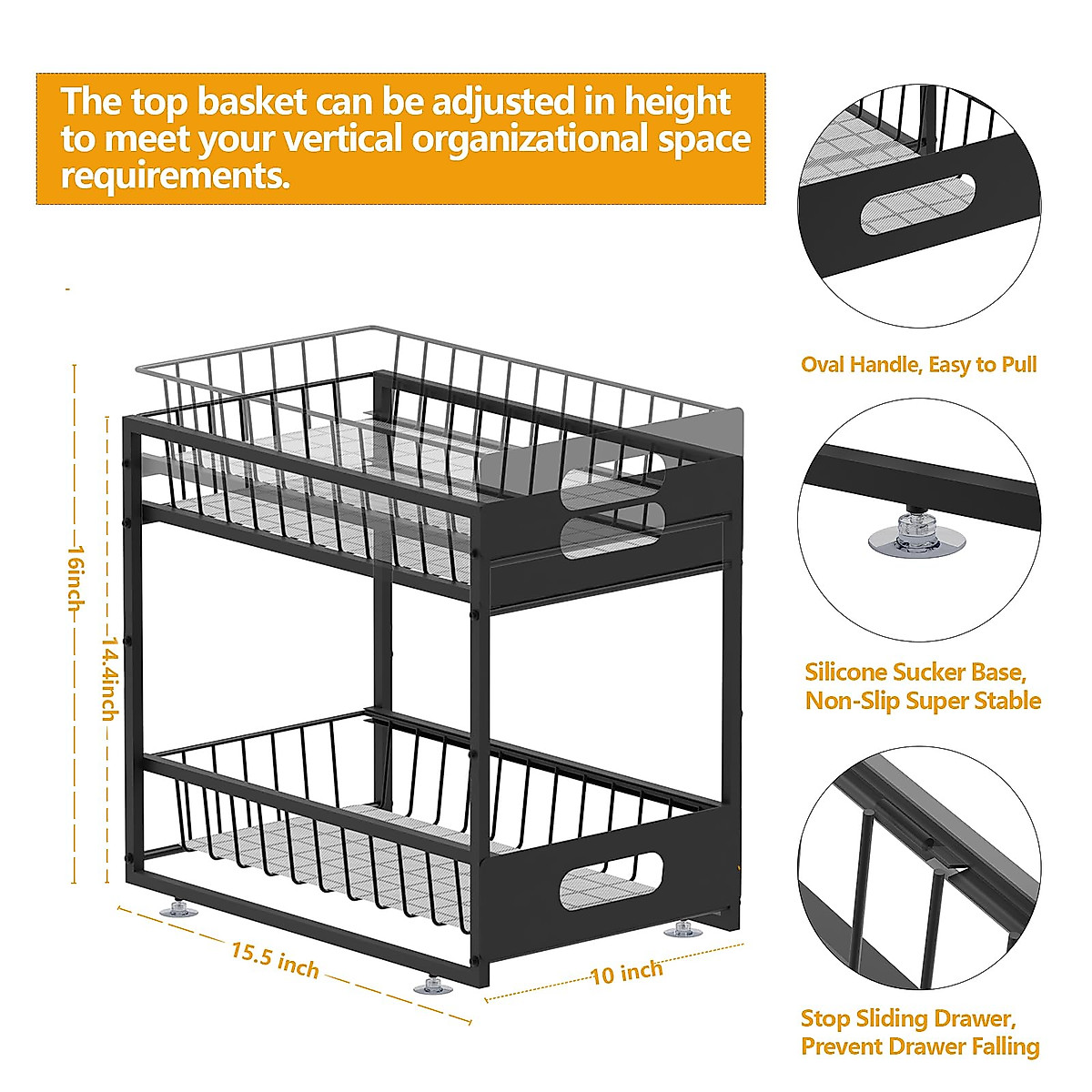 AIKEXIN Under Sink Organizers and Storage, 2 Tier Pull Out Sliding Cabinet Basket Organizer, Metal Cabinet Organizer & Storage Shelves for Kitchen Bathroom (Black)